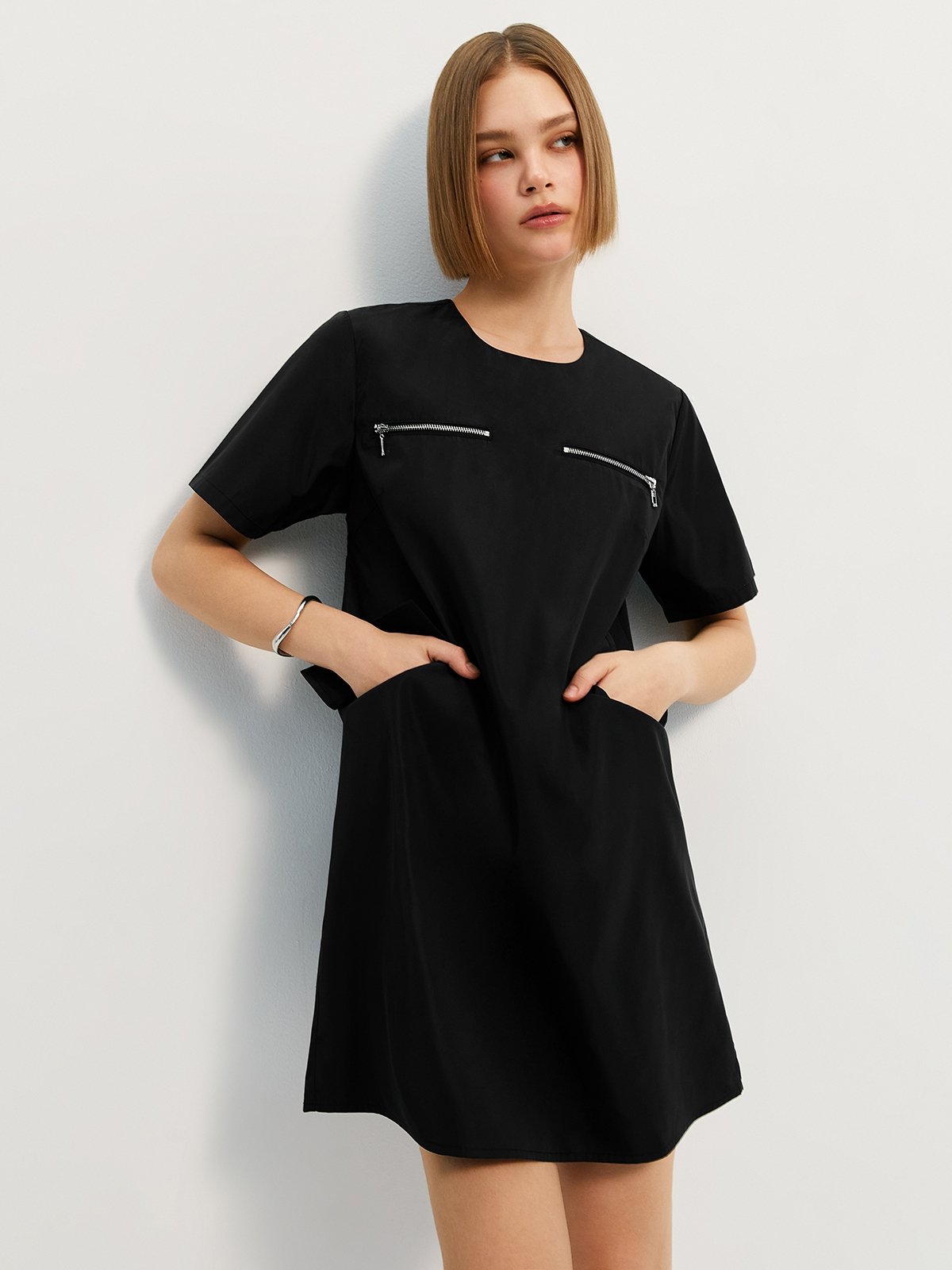 Zipper Pocket Detail Mini Dress - Black - Pomelo Fashion
