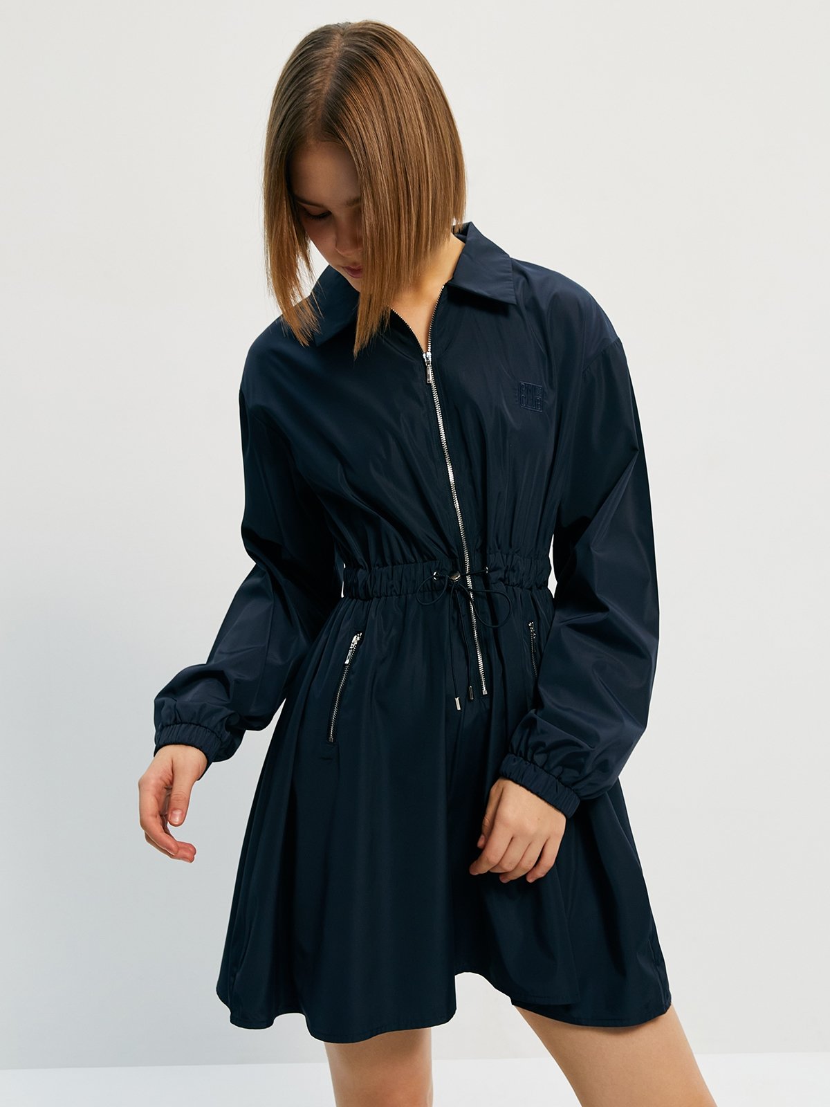 Ruched Drawstring Waist Mini Dress - Navy - Pomelo Fashion