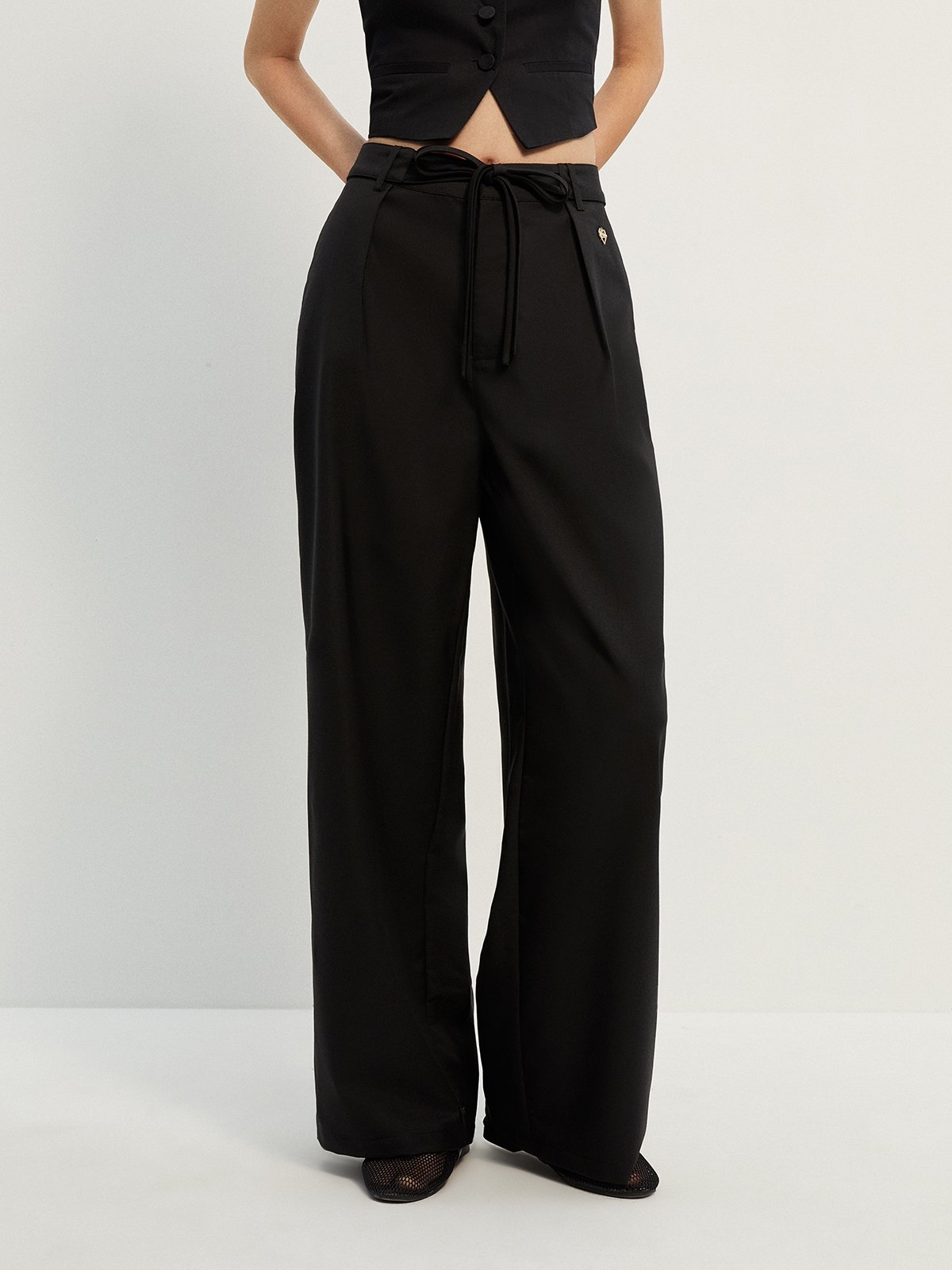 Tie-Waist Detail Straight Pants - Black - Pomelo Fashion