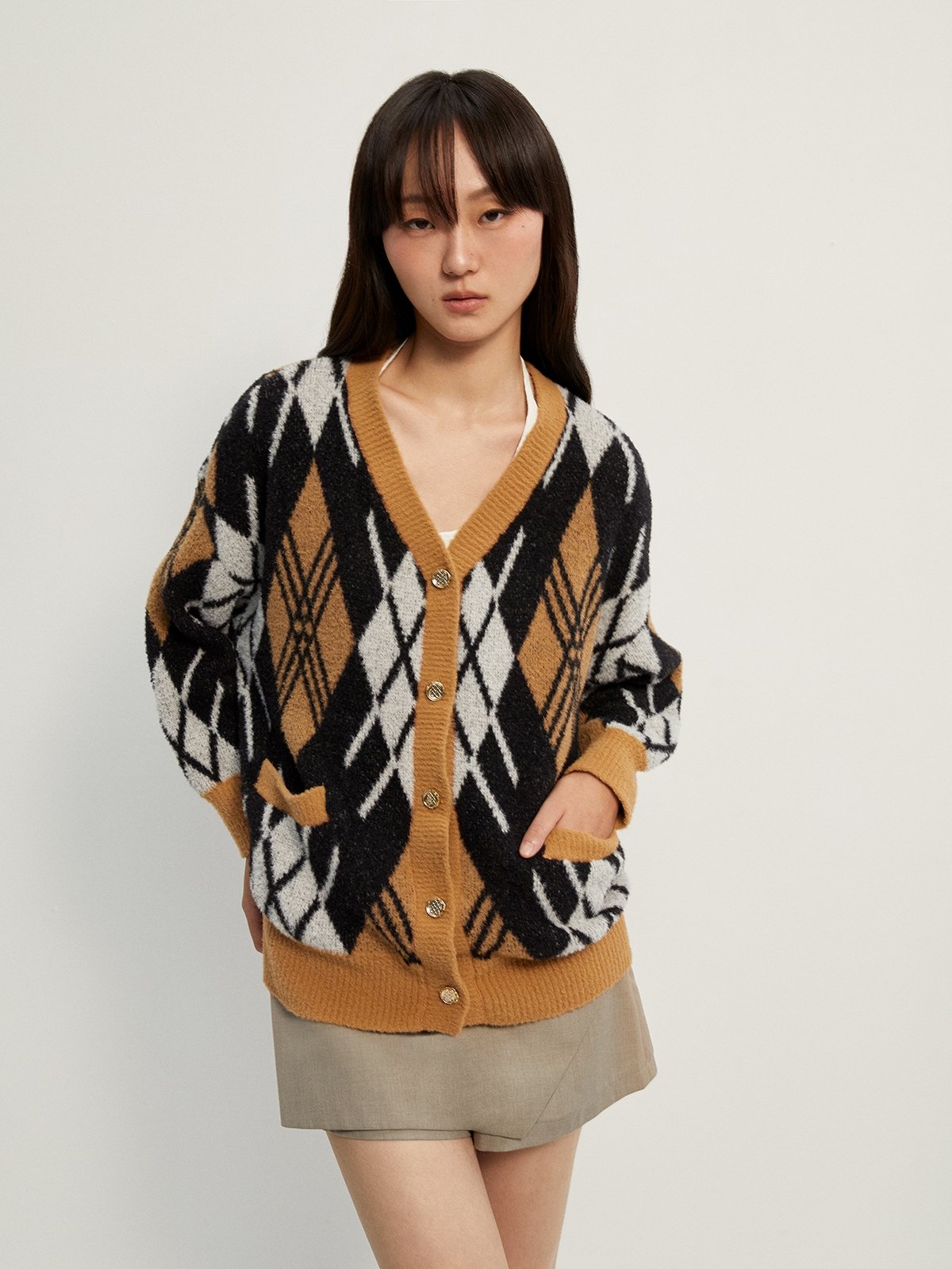 Argyle Print Knitted Cardigan - Brown - Pomelo Fashion