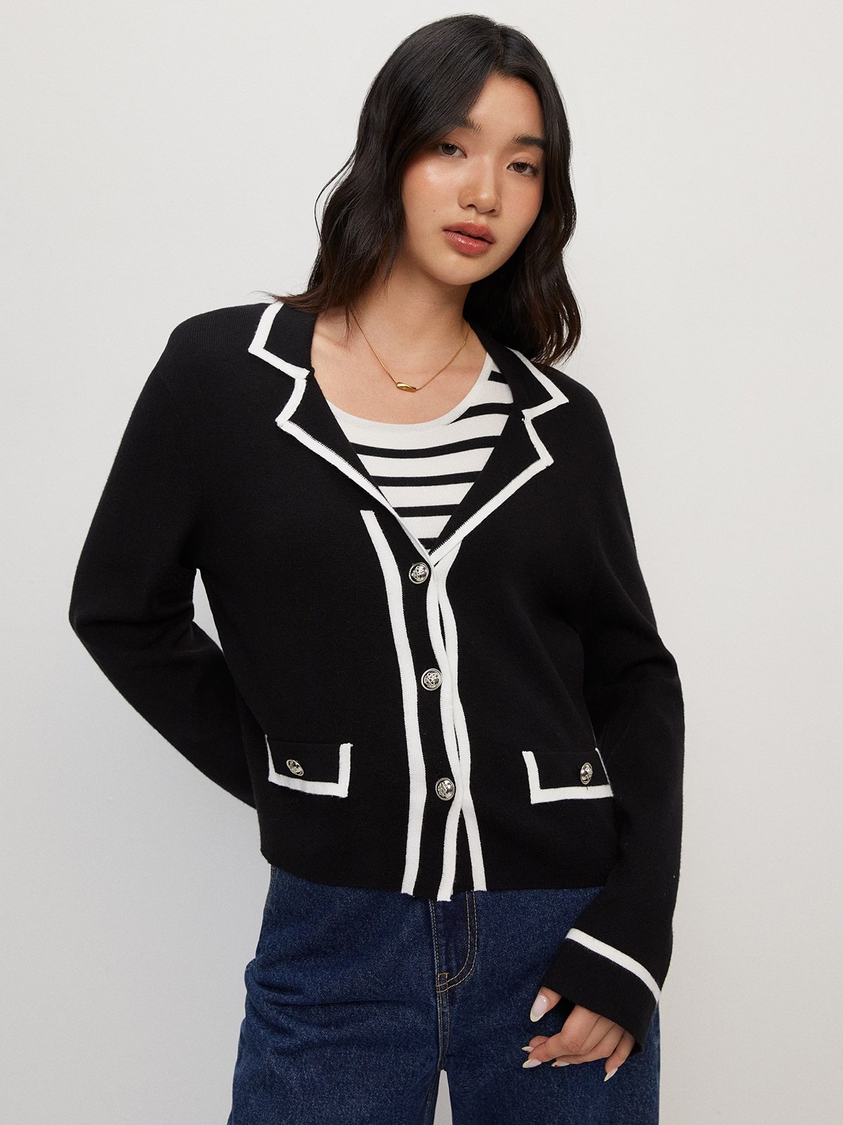 Contrast Trim Two Tone Cardigan - Black/White - Pomelo Fashion