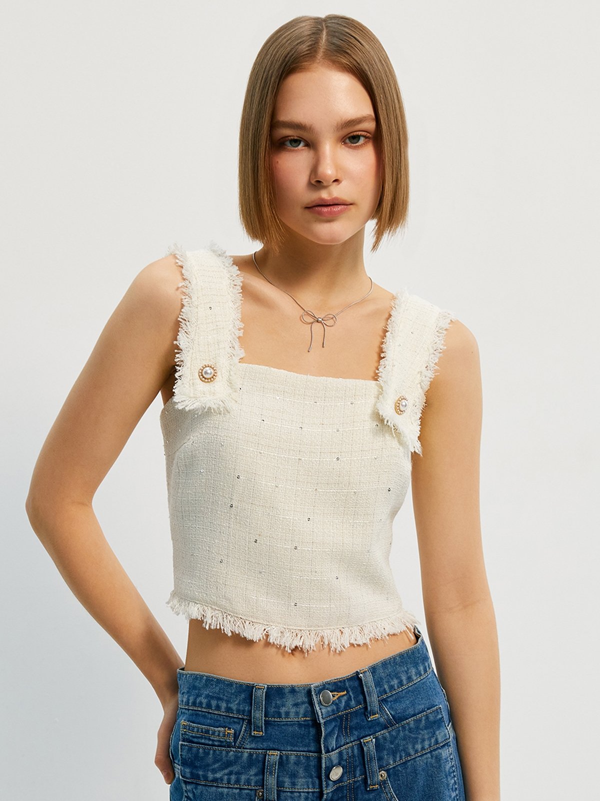 Tweed Square Neck Camis Top - Cream - Pomelo Fashion