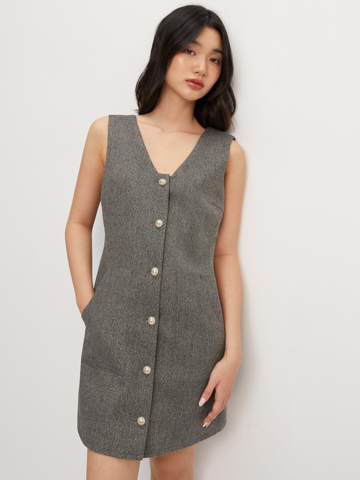 Tweed V-Neck Mini Dress - Mid Grey - Pomelo Fashion