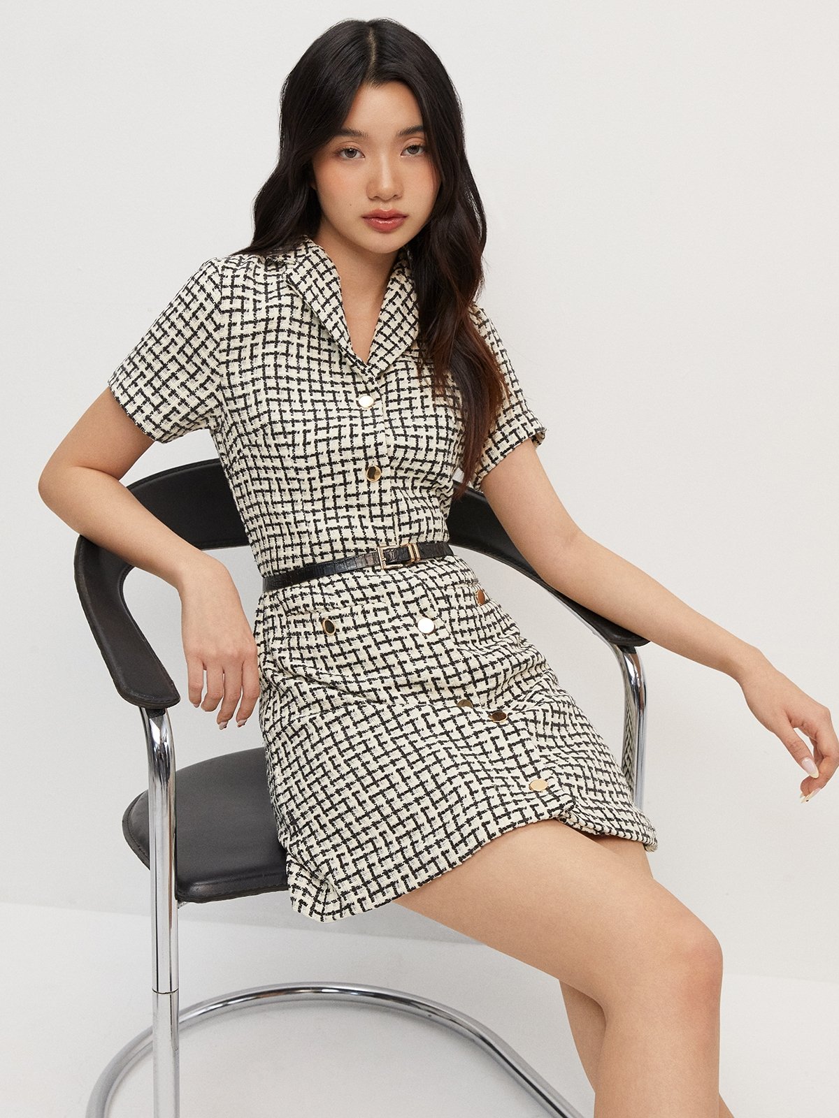 Tweed Short Sleeve Button Mini Dress - White - Pomelo Fashion