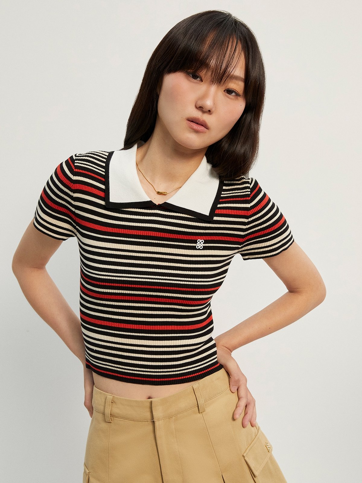 Stripe Knitted Collared Top - Multi Color - Pomelo Fashion