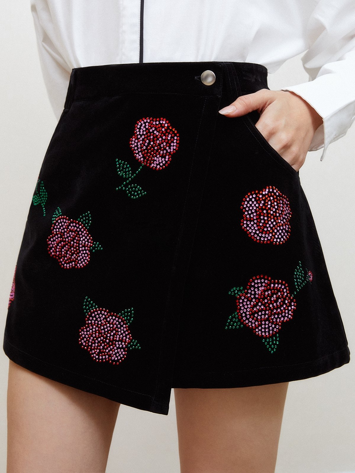Rhinestone Rose Detail Wrap Skort - Black - Pomelo Fashion