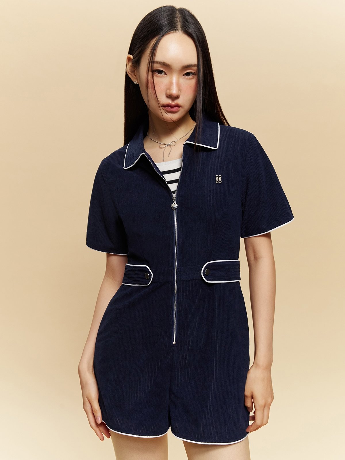 Contrast Trim Corduroy Romper - Navy - Pomelo Fashion