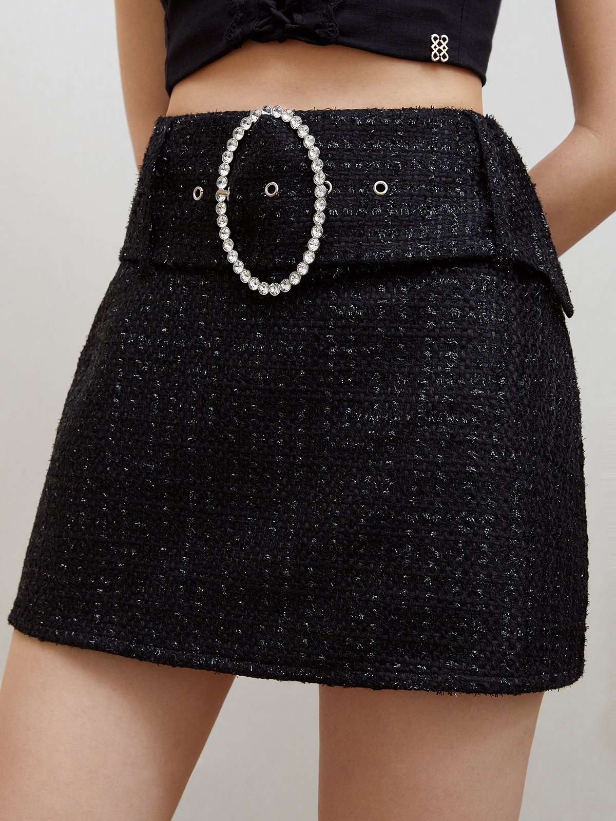 Buckle Detail Tweed Mini Skirt - Black - Pomelo Fashion