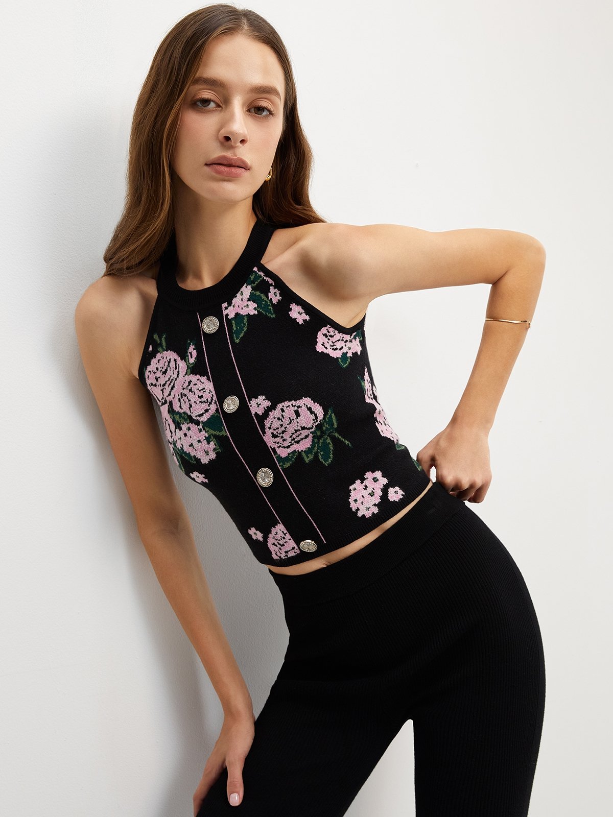 Floral Print Knitted Halter Top - Multi Color - Pomelo Fashion