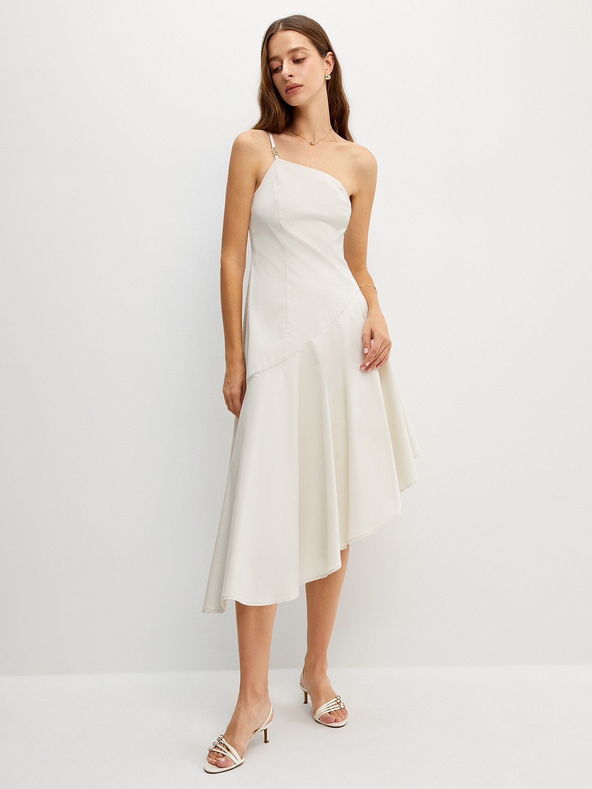 One-Shoulder Flowy Midi Dress- Ivory - Pomelo Fashion