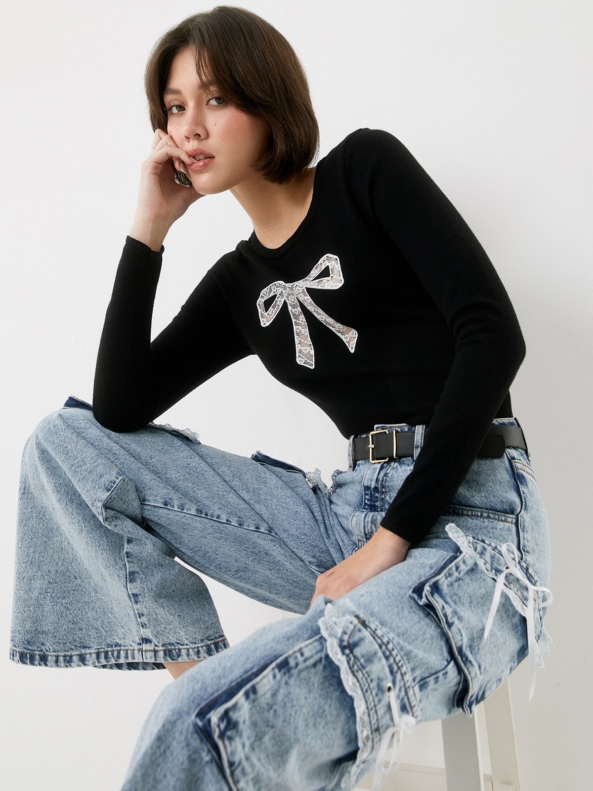 Sheer Lace Mesh Ribbon Cut-Out Long Sleeve Top - Black - Pomelo Fashion