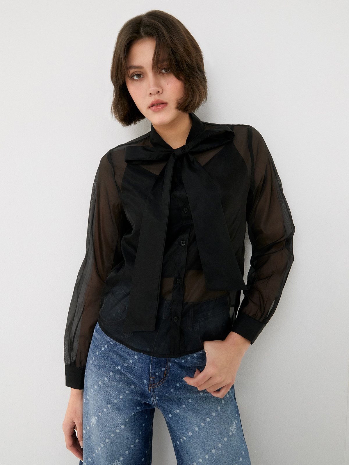 Bow-Tie Sheer Blouse - Black - Pomelo Fashion