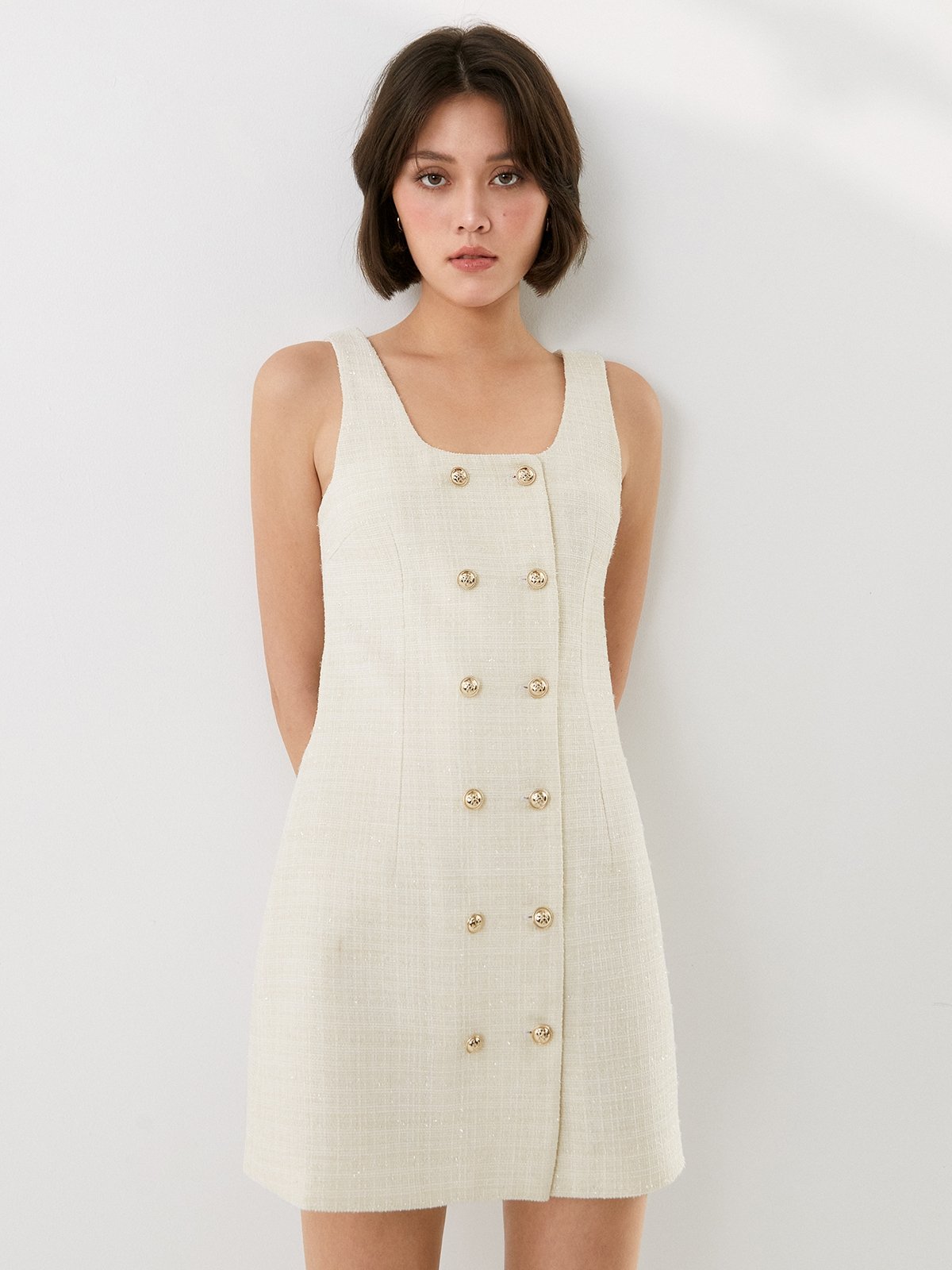Tweed Mini Dress - Cream - Pomelo Fashion