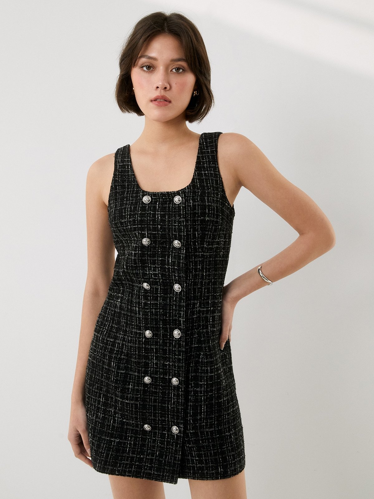 Tweed Mini Dress - Black - Pomelo Fashion