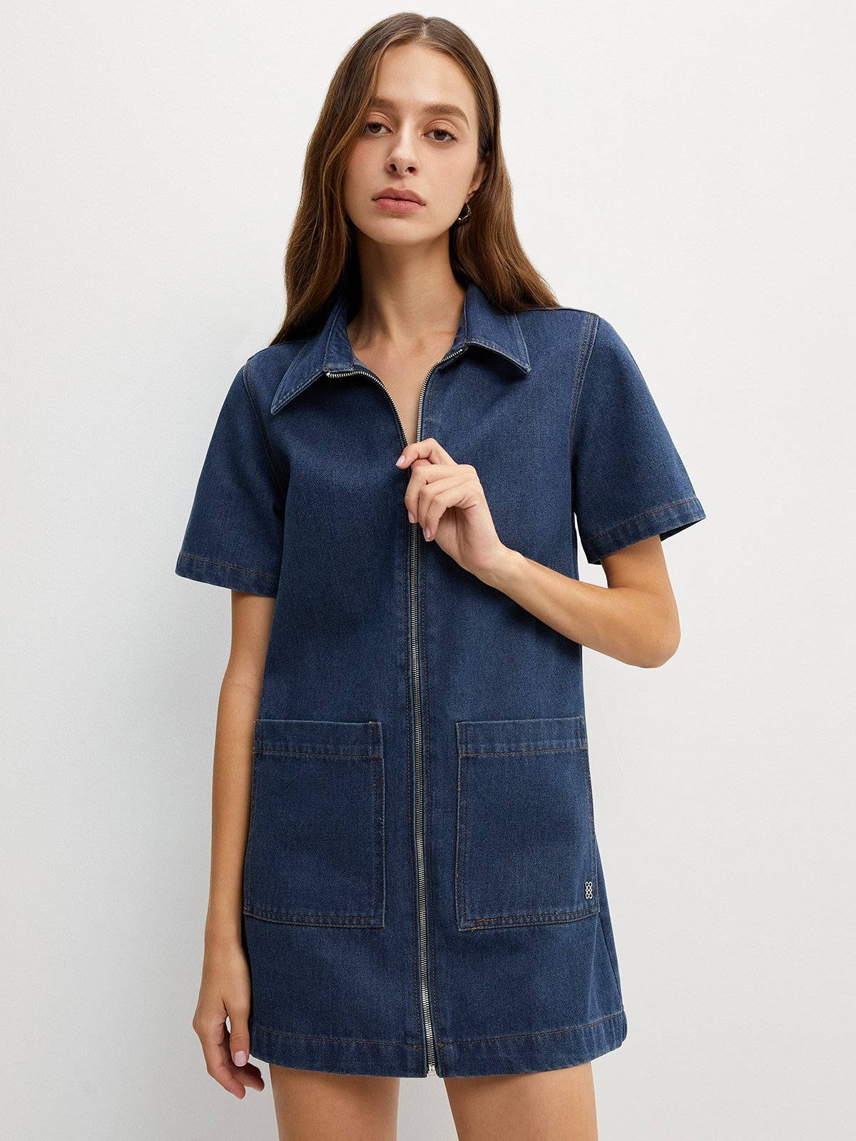 Denim Pocket Mini Dress - Blue - Pomelo Fashion