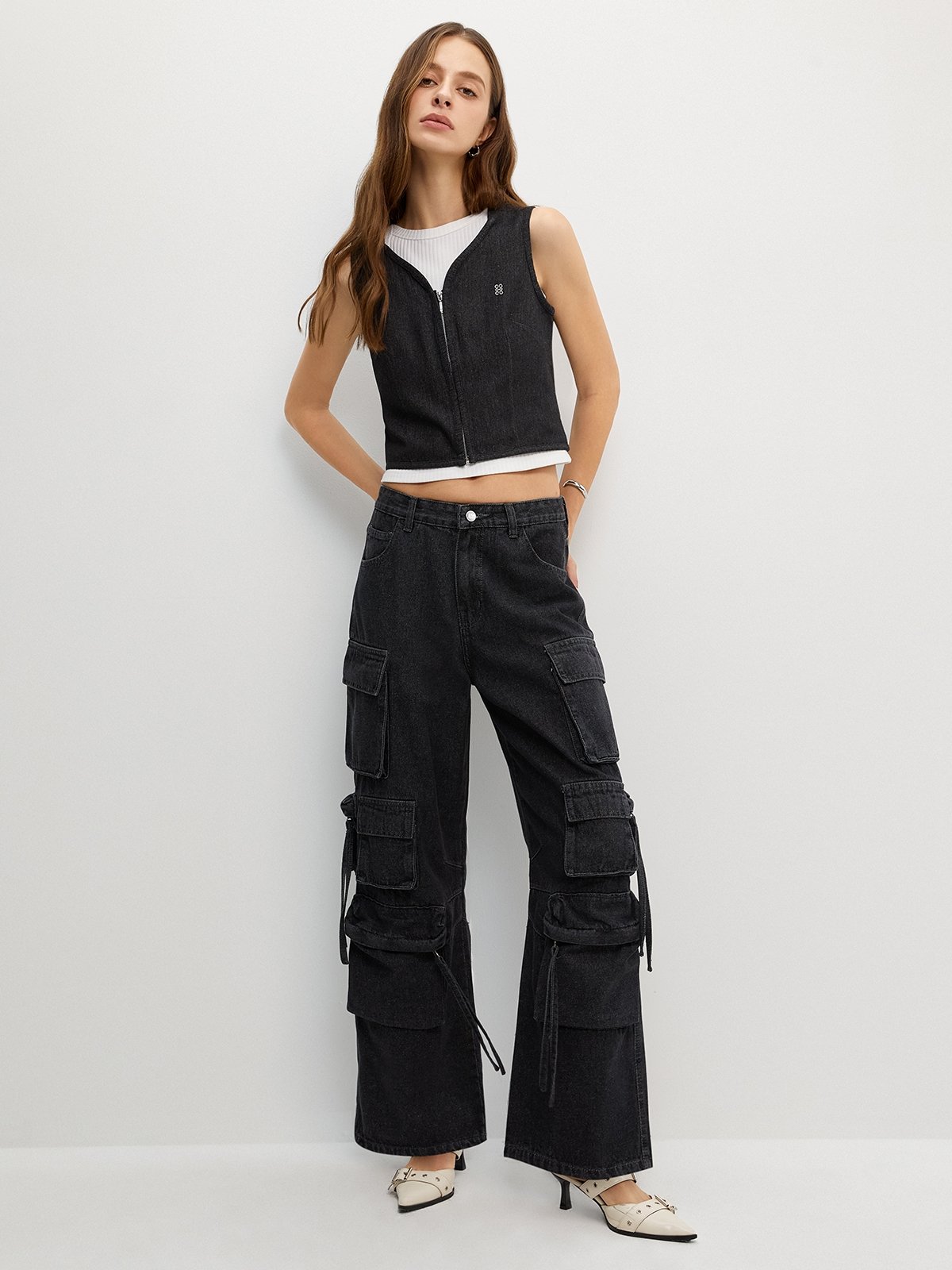 Mid Waist Cargo Pants - Dark Grey - Pomelo Fashion
