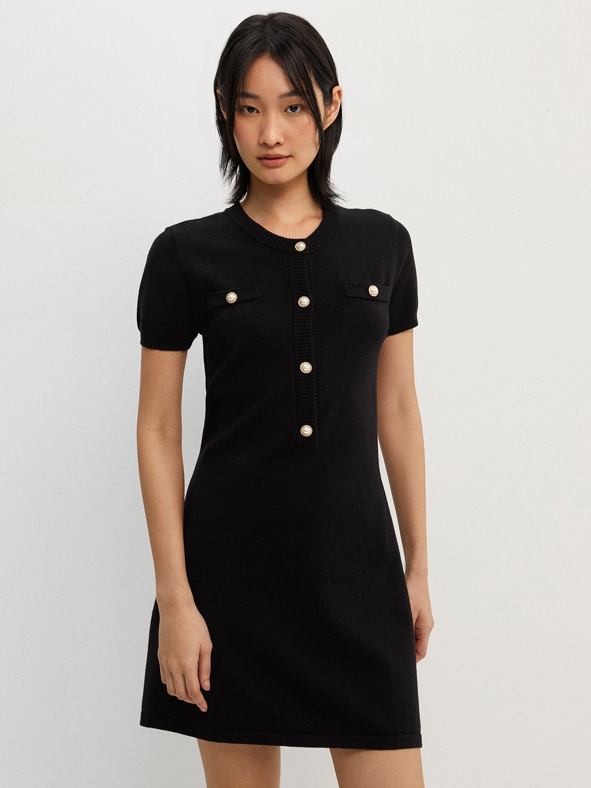 Pearl Button Knitted Mini Dress - Black - Pomelo Fashion
