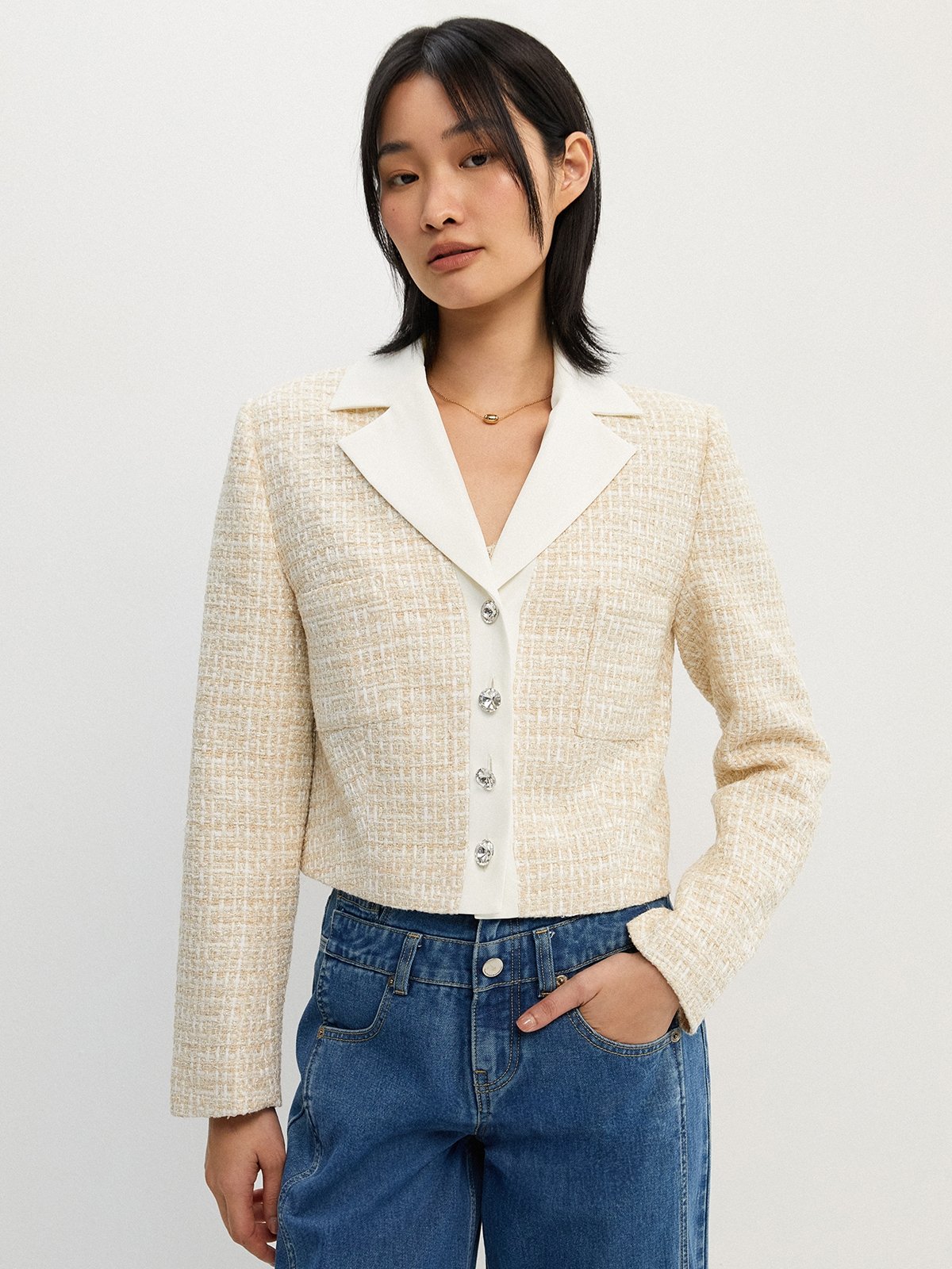 Contrast Collar Tweed Blazer - Cream - Pomelo Fashion