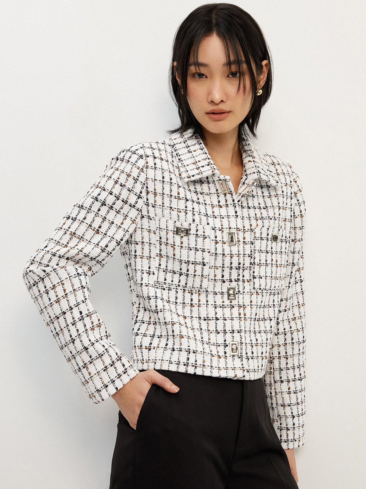 Tweed Cropped Jacket - White - Pomelo Fashion