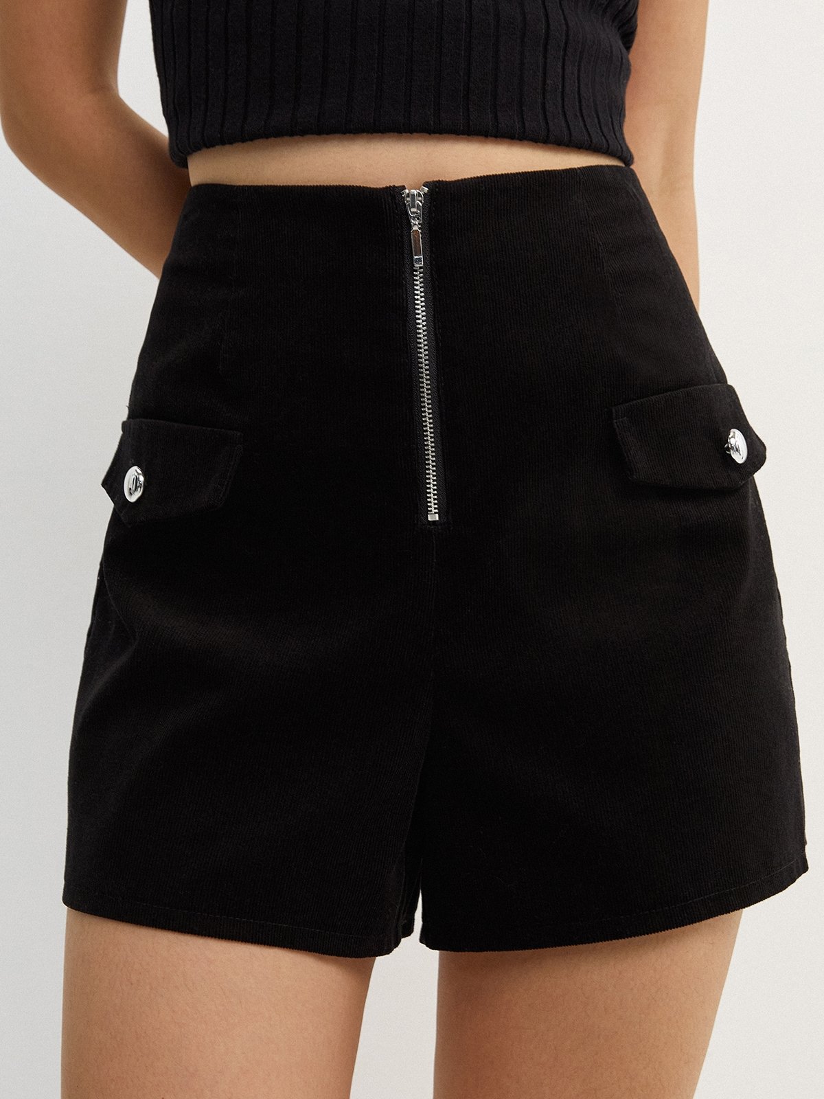 Corduroy Zipper Shorts - Black - Pomelo Fashion