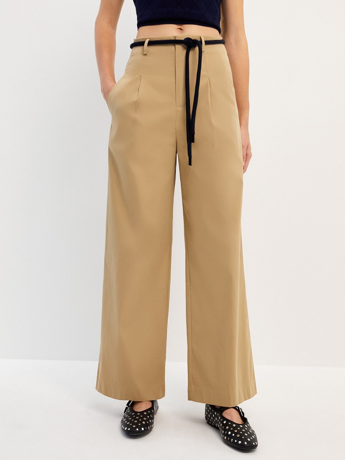Rope Belt Straight Pants - Beige - Pomelo Fashion