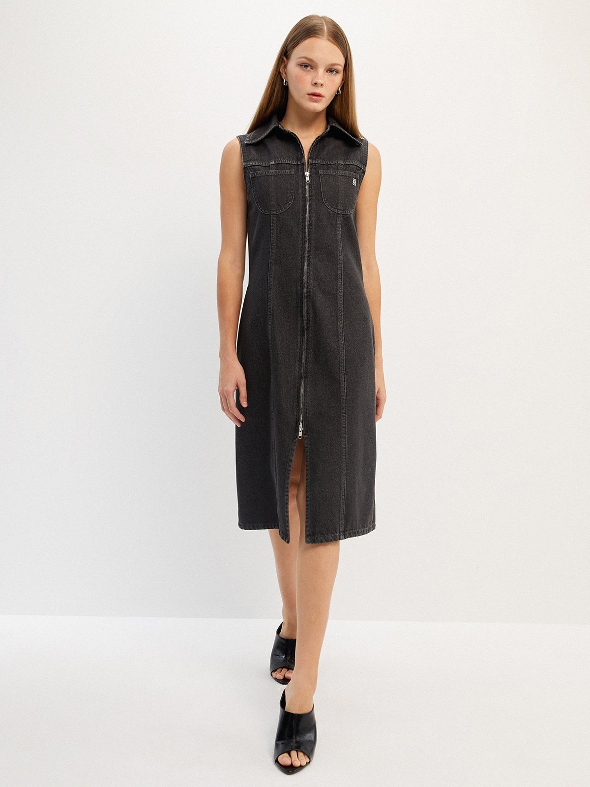 Denim Front Zipper Dress - Black - Pomelo Fashion