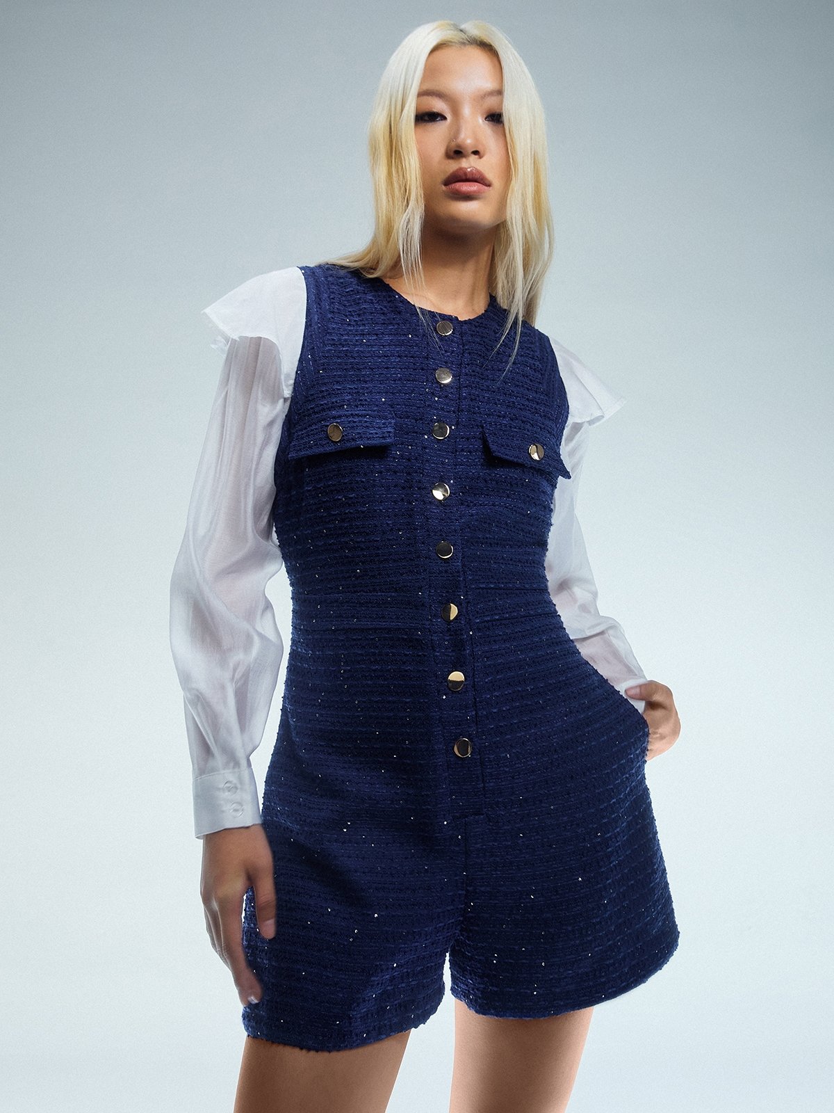Tweed Chiffon Romper - Blue - Pomelo Fashion