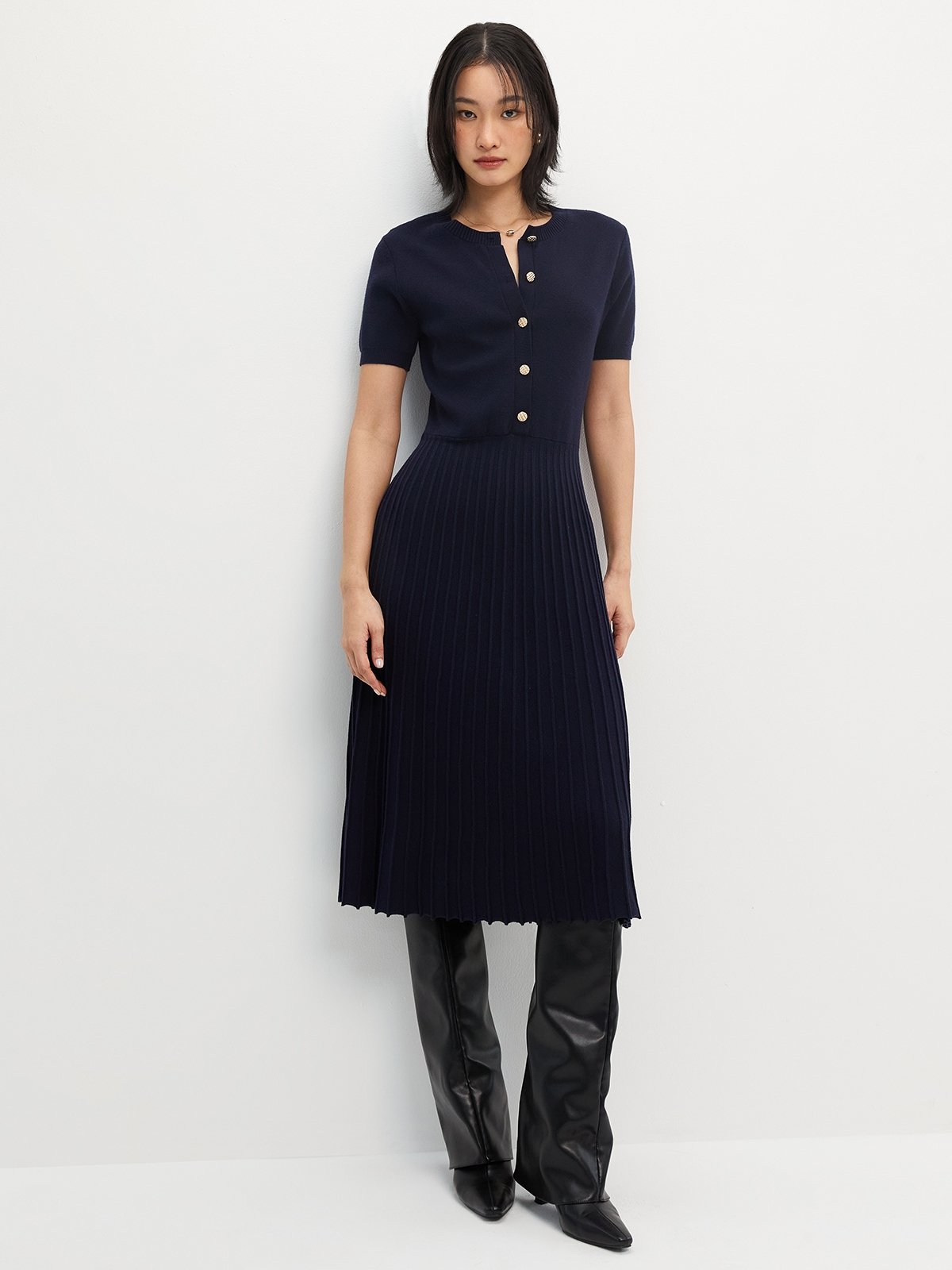 Knitted Pleated Button Midi Dress - Navy - Pomelo Fashion