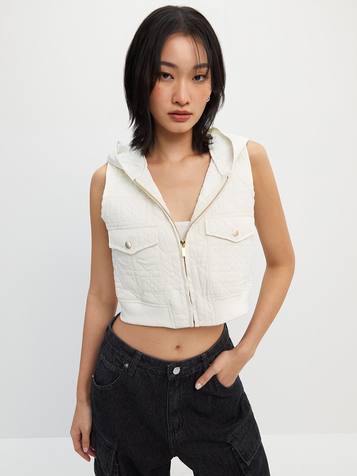 Double Weave Quilted Zipper Hoodie Vest - Ivory - Pomelo Fashion