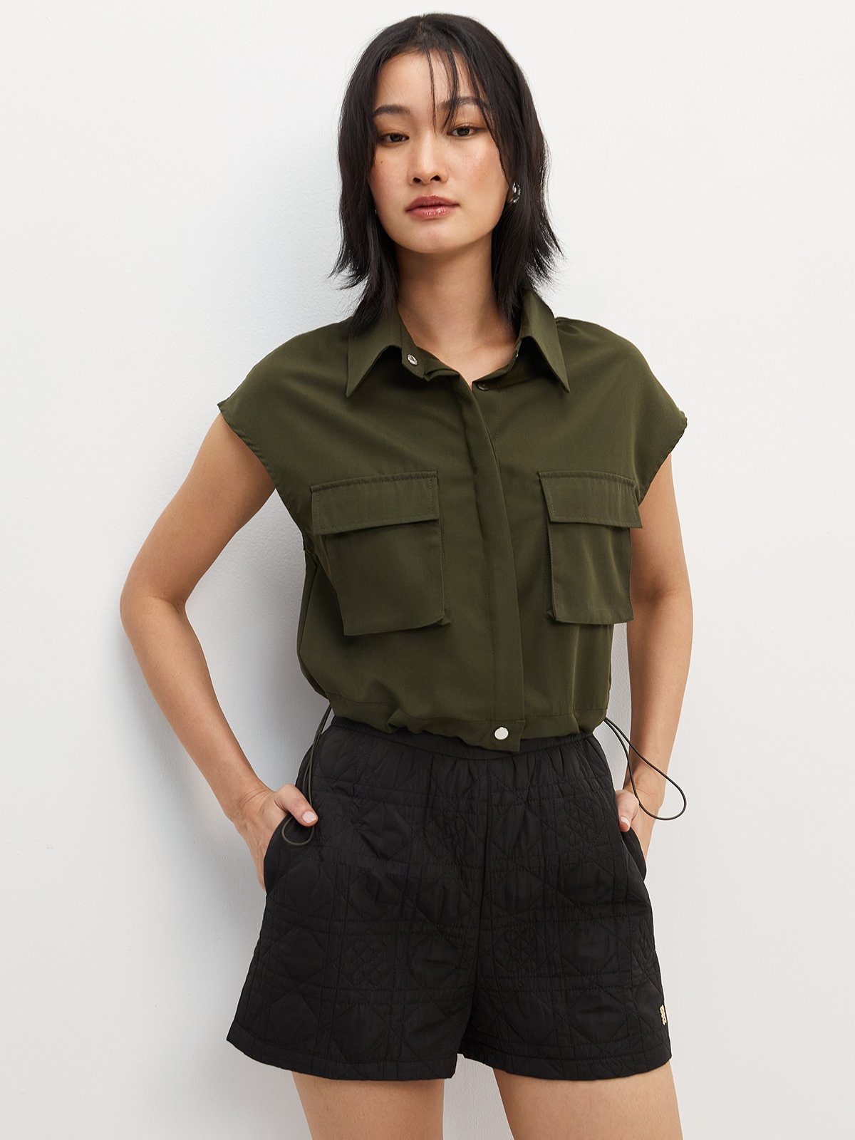 Ruched Drawstring Short Sleeve Shirt - Dark Green - Pomelo Fashion