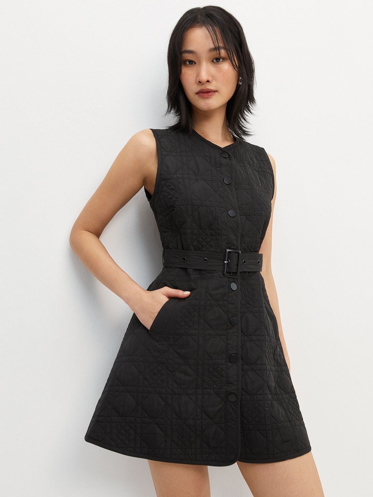 Buckle Belt Quilted Sleeveless Mini Dress - Black - Pomelo Fashion
