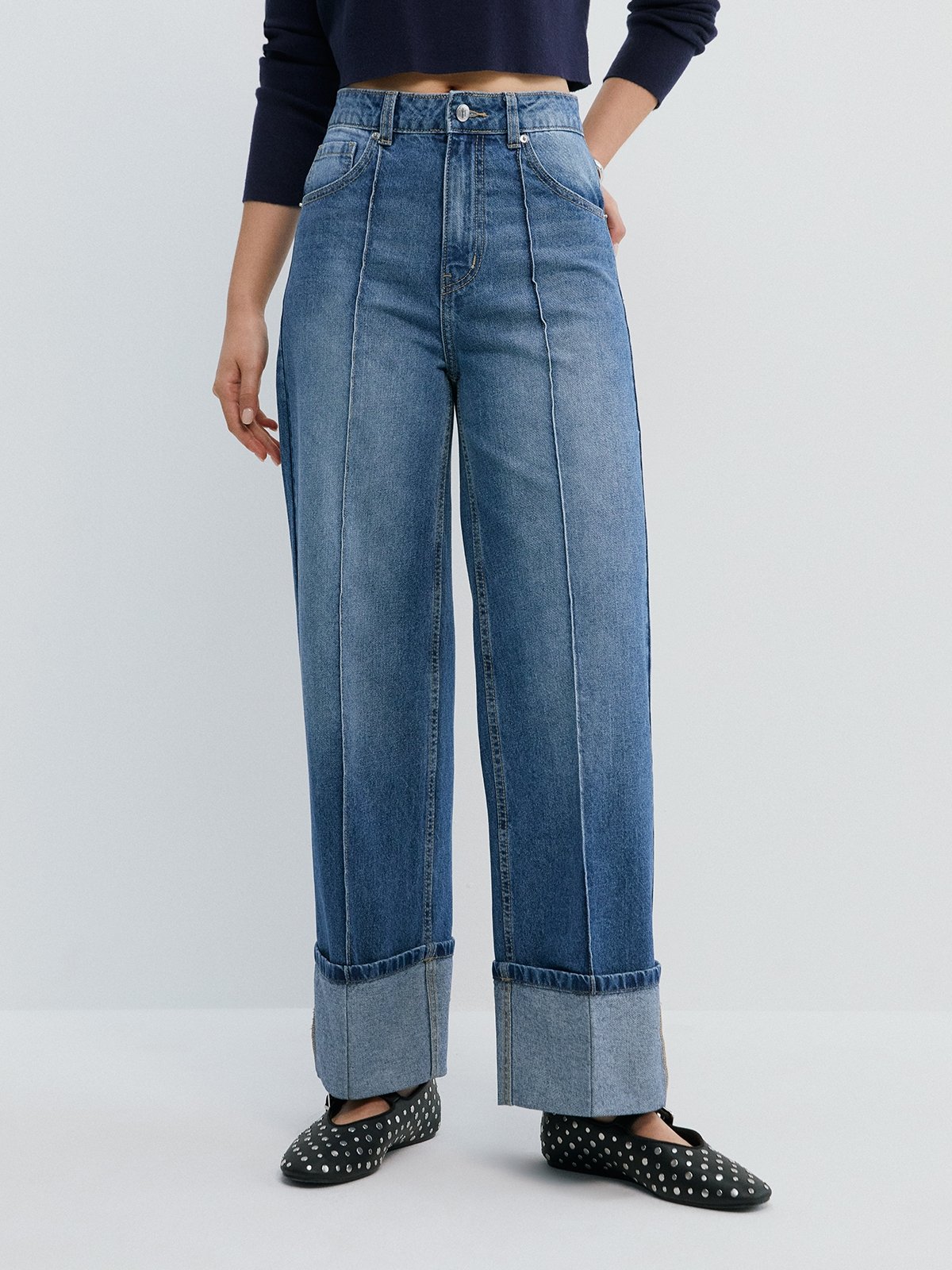 Folded Hem Wide Leg Jeans - Blue - Pomelo Fashion