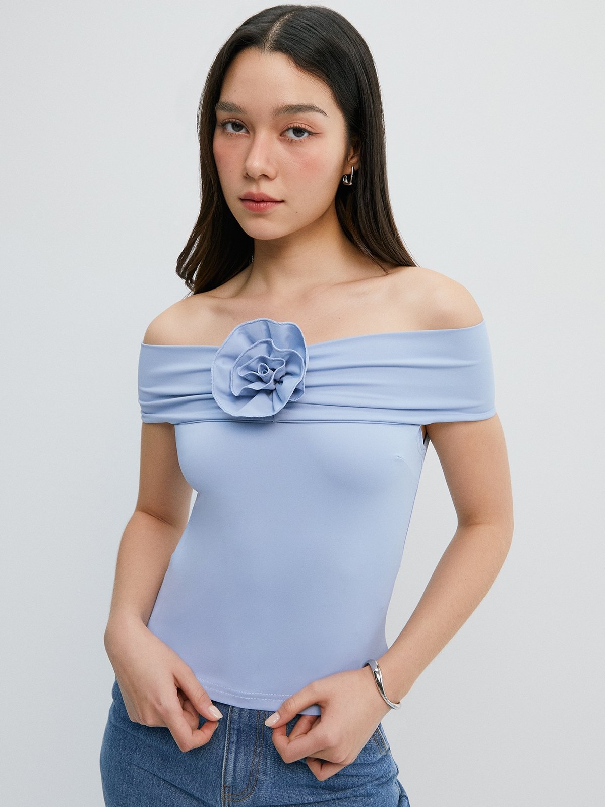 Off-Shoulder Ruched Flower Top - Baby Blue - Pomelo Fashion