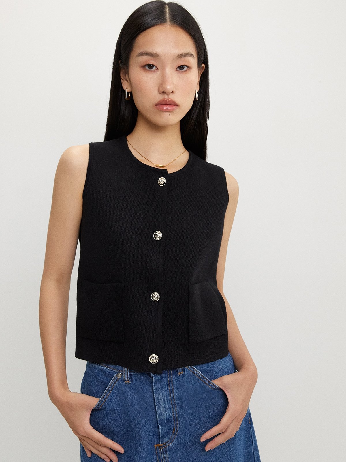 Sleeveless Front Pocket Top - Black - Pomelo Fashion