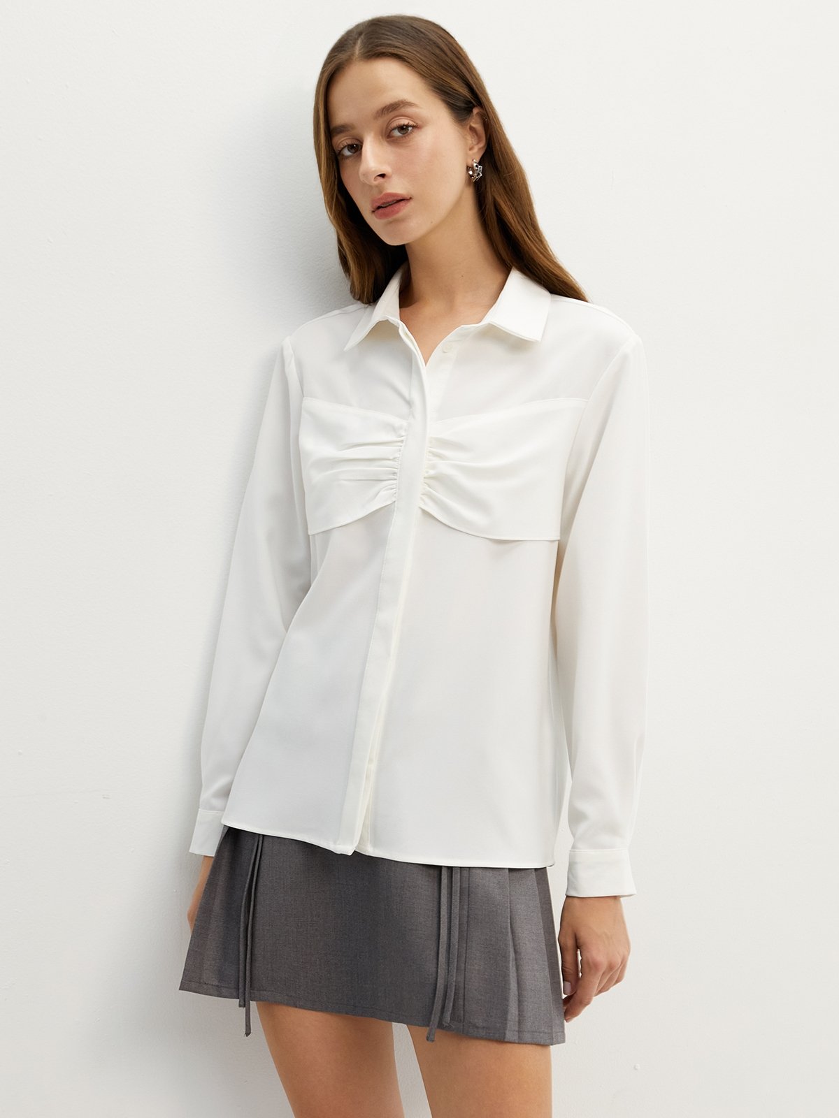 Ruched Button Up Shirt - White - Pomelo Fashion