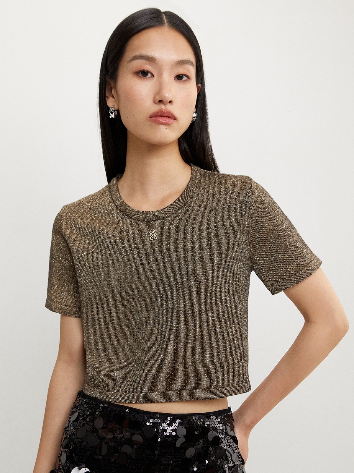 Logo Short Sleeve Top - Brown - Pomelo Fashion