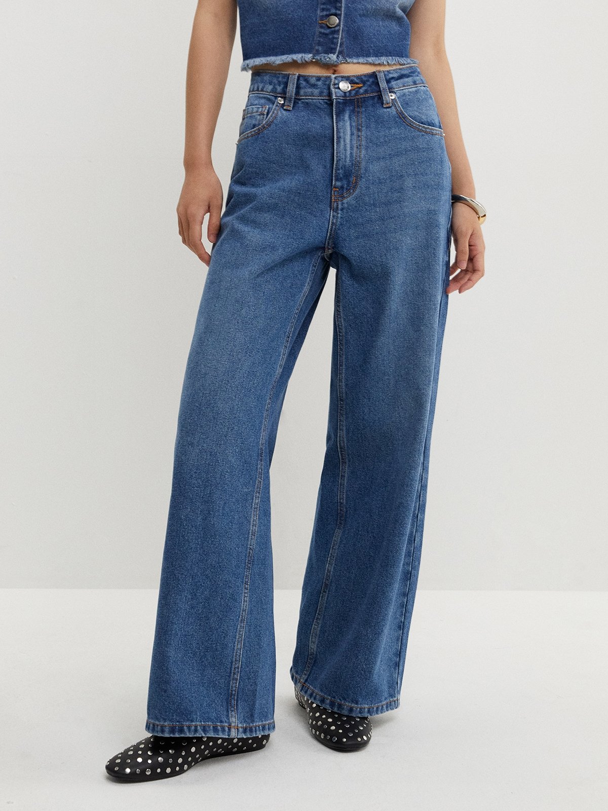 Wide Leg Jeans - Blue - Pomelo Fashion