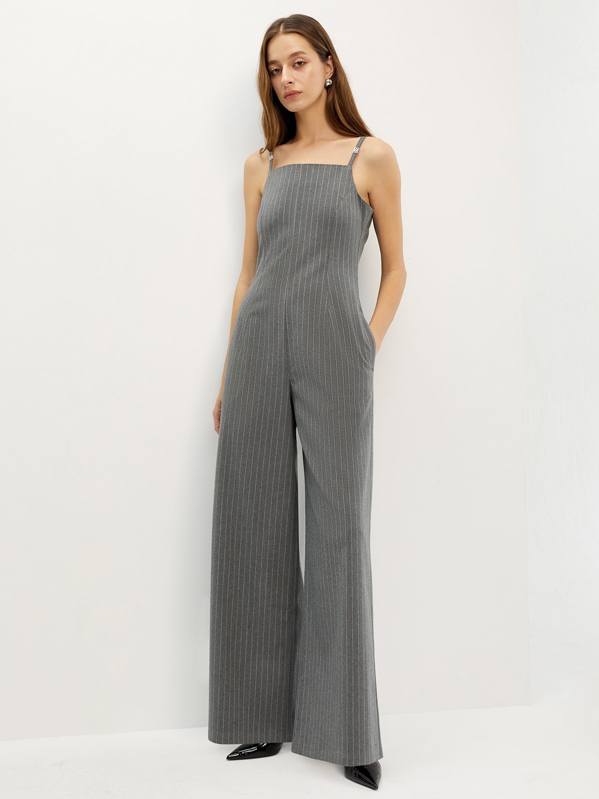 Pinstripe Side Pocket Jumpsuit - Mid Grey - Pomelo Fashion