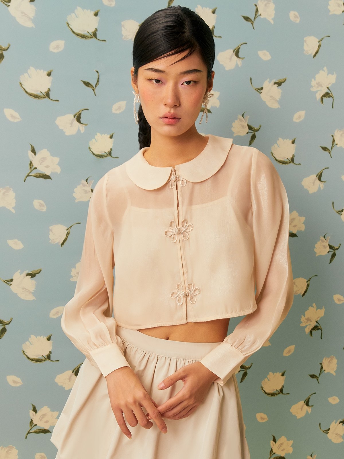Sheer Knot Button Top - Cream - Pomelo Fashion