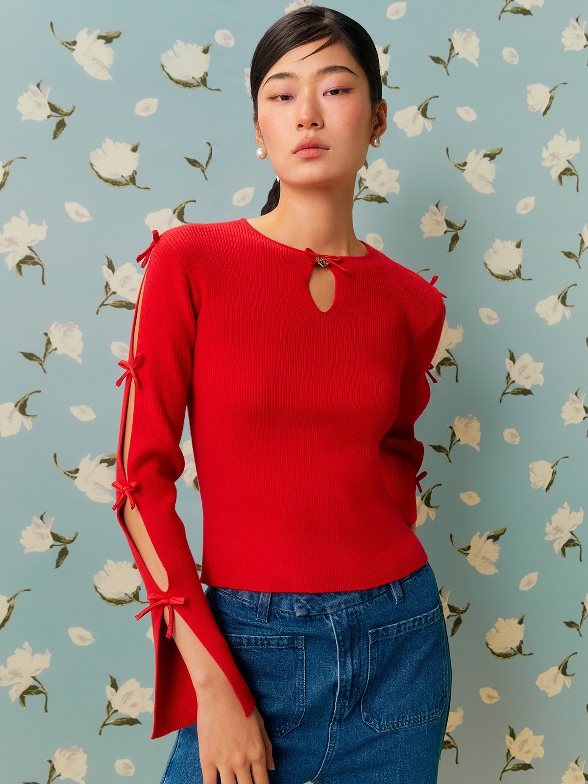 Cut Out Ribbon Knit Top - Red - Pomelo Fashion