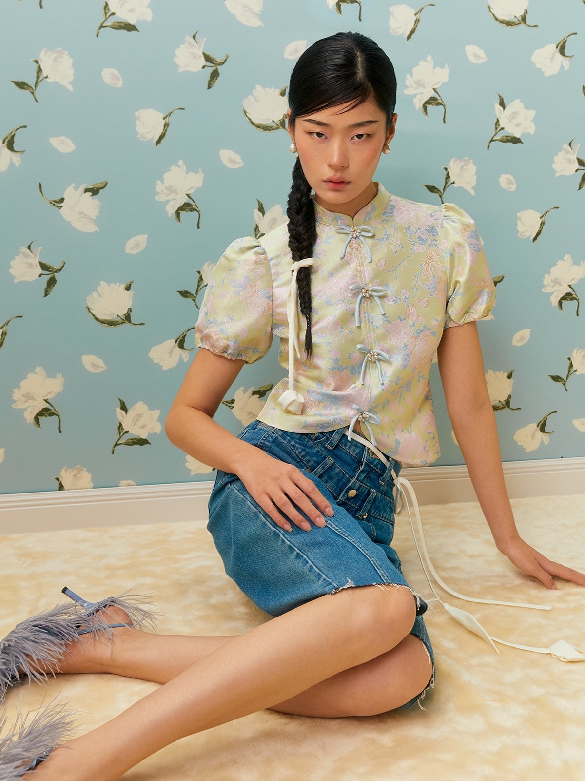 Floral Print Pearl Ribbon Top - Green - Pomelo Fashion