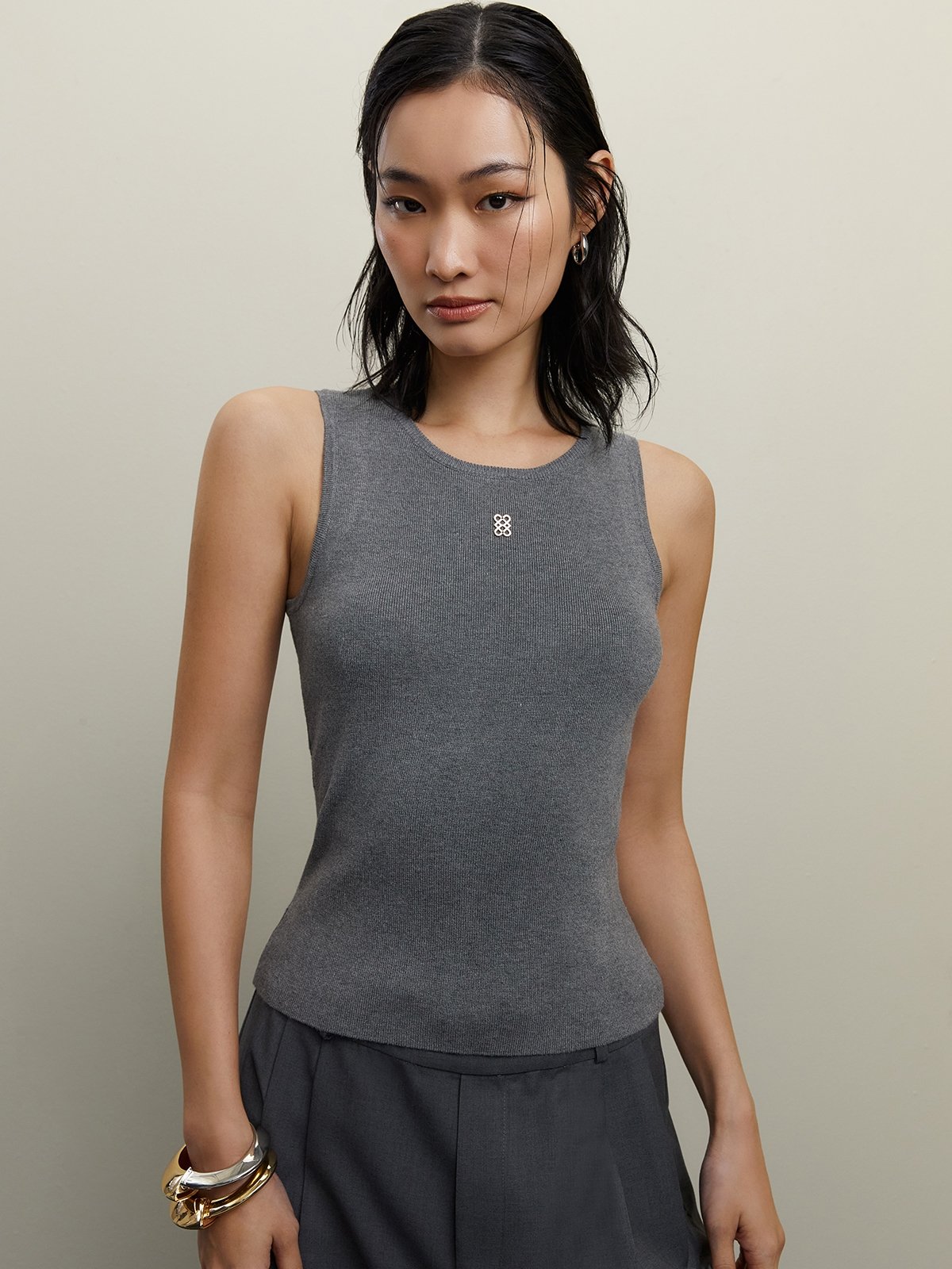 Ribbed Tank Top - Mid Grey - Pomelo Fashion