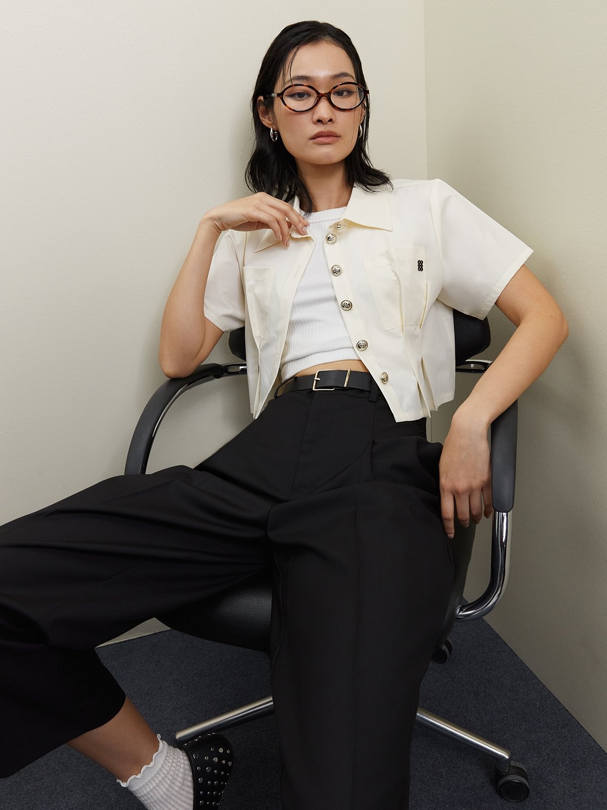 Pleated Button Up Crop Top - Cream - Pomelo Fashion