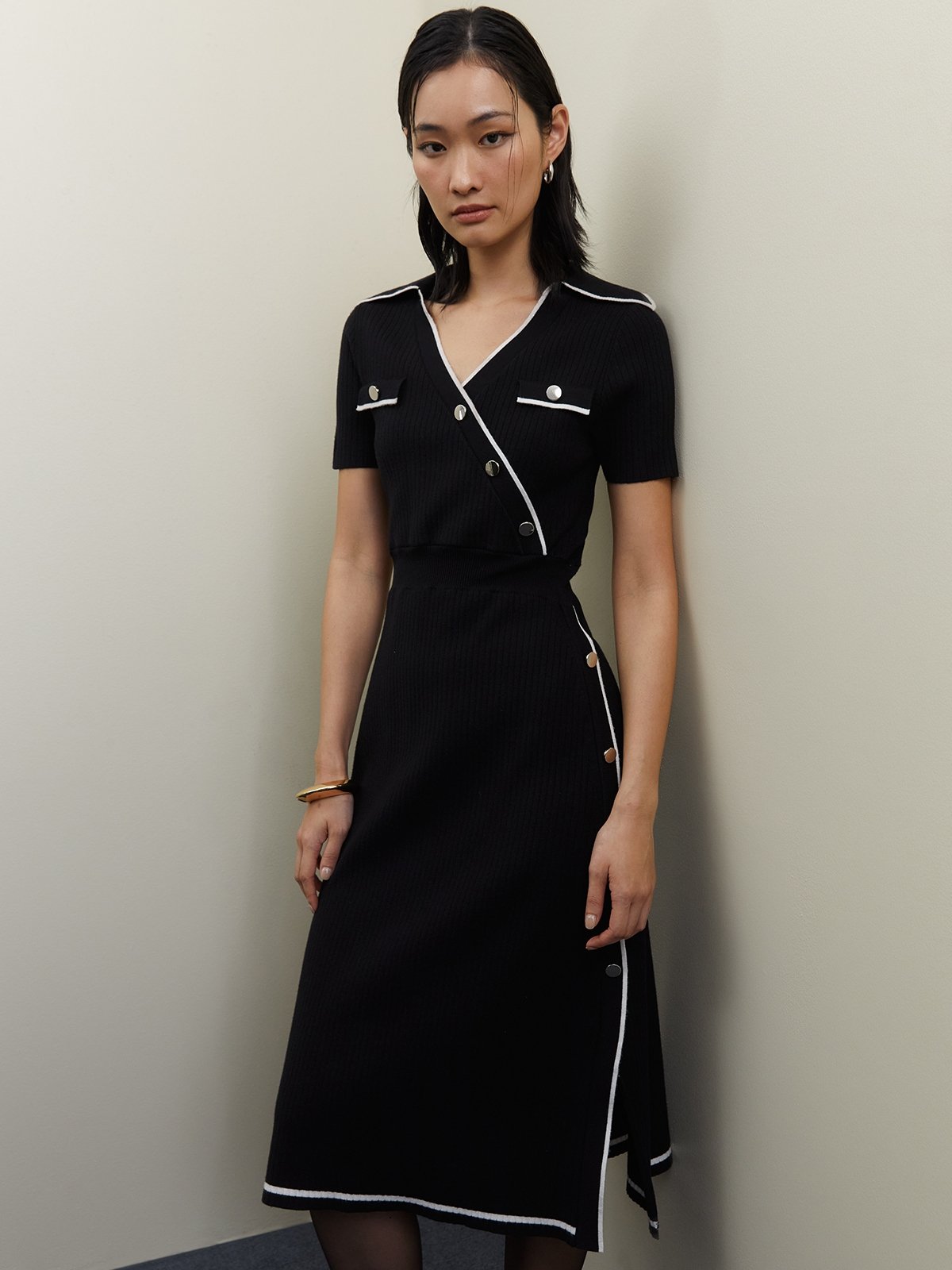 Button Up Side Slit Dress - Black - Pomelo Fashion