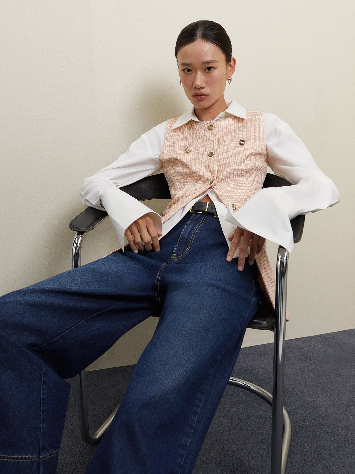 Tweed Front Slit Top - Pink - Pomelo Fashion