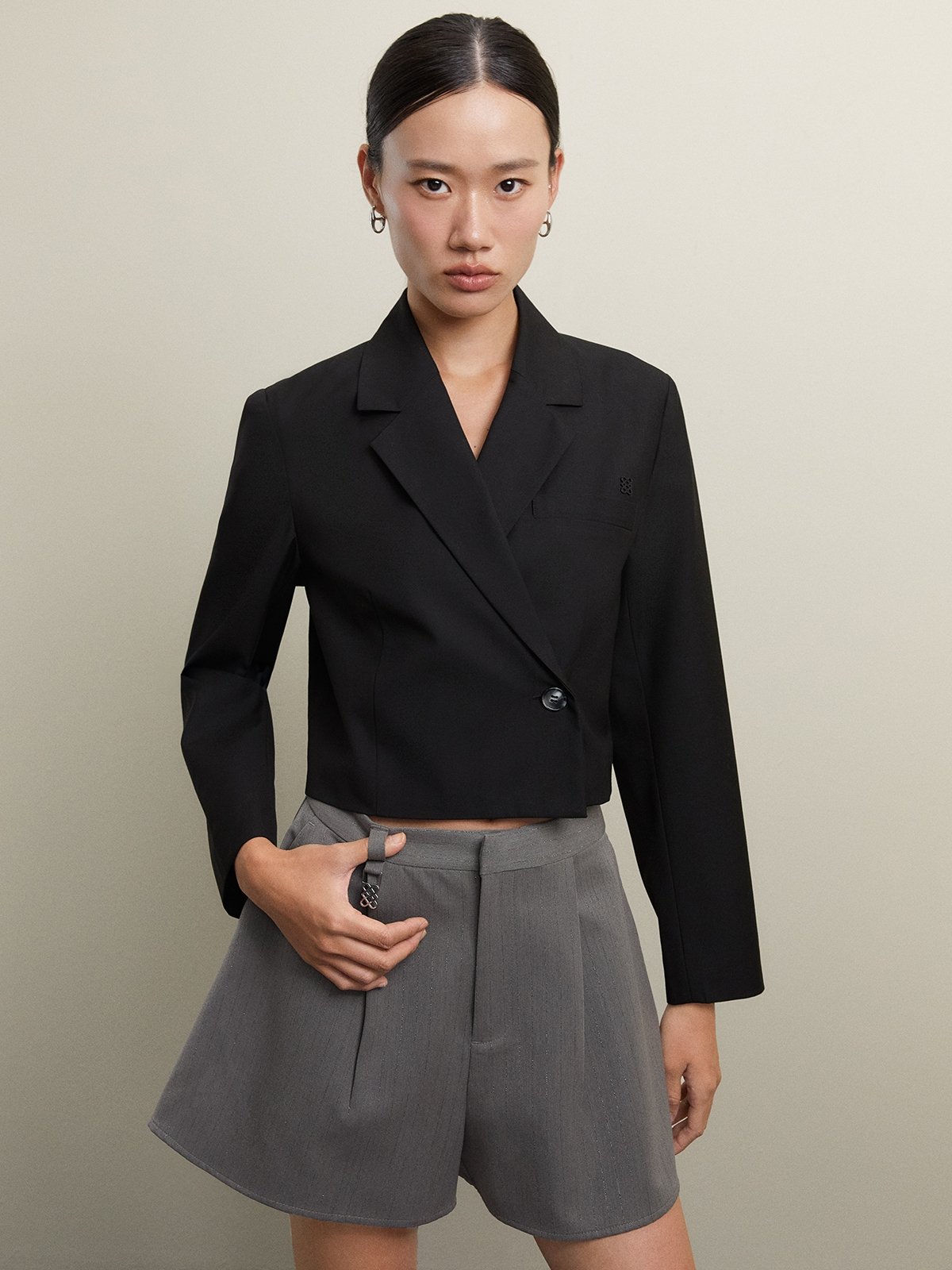 Cropped Blazer - Black - Pomelo Fashion