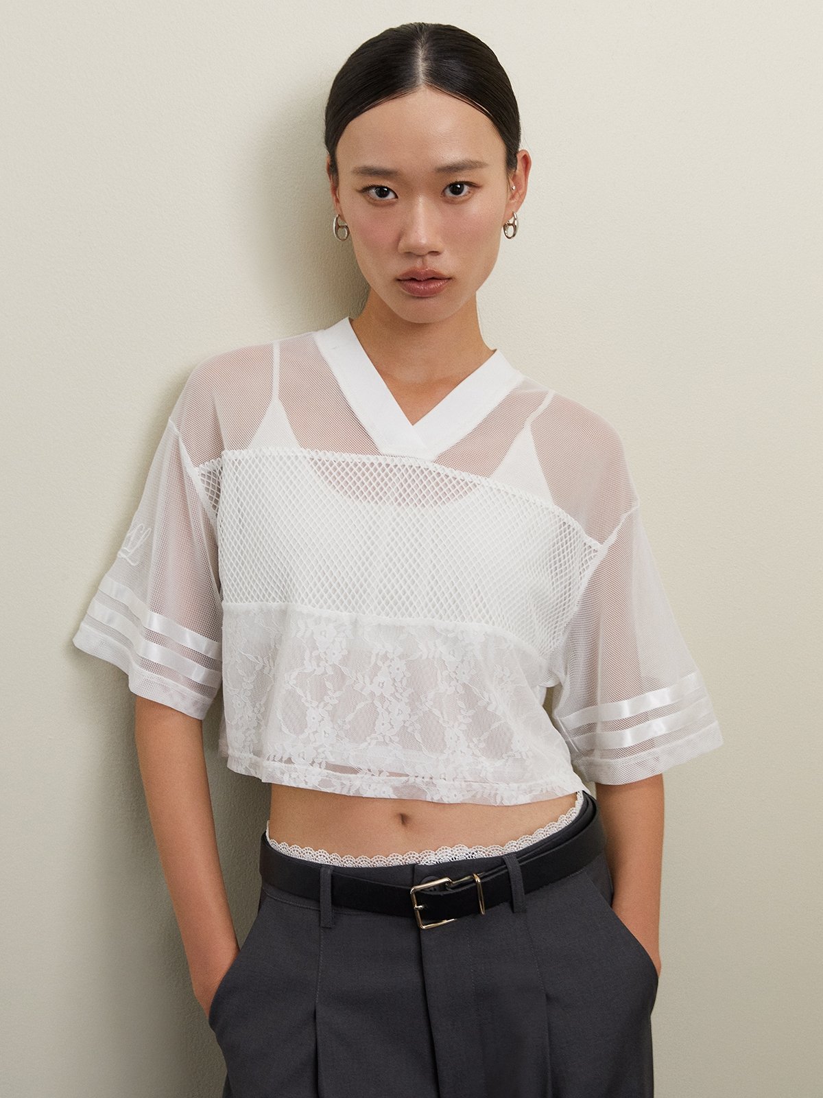 PML Mesh Lace Top - White - Pomelo Fashion