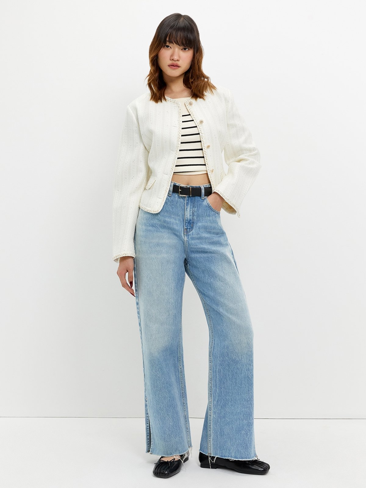 Sequin Textured Blazer - Cream - Pomelo Fashion