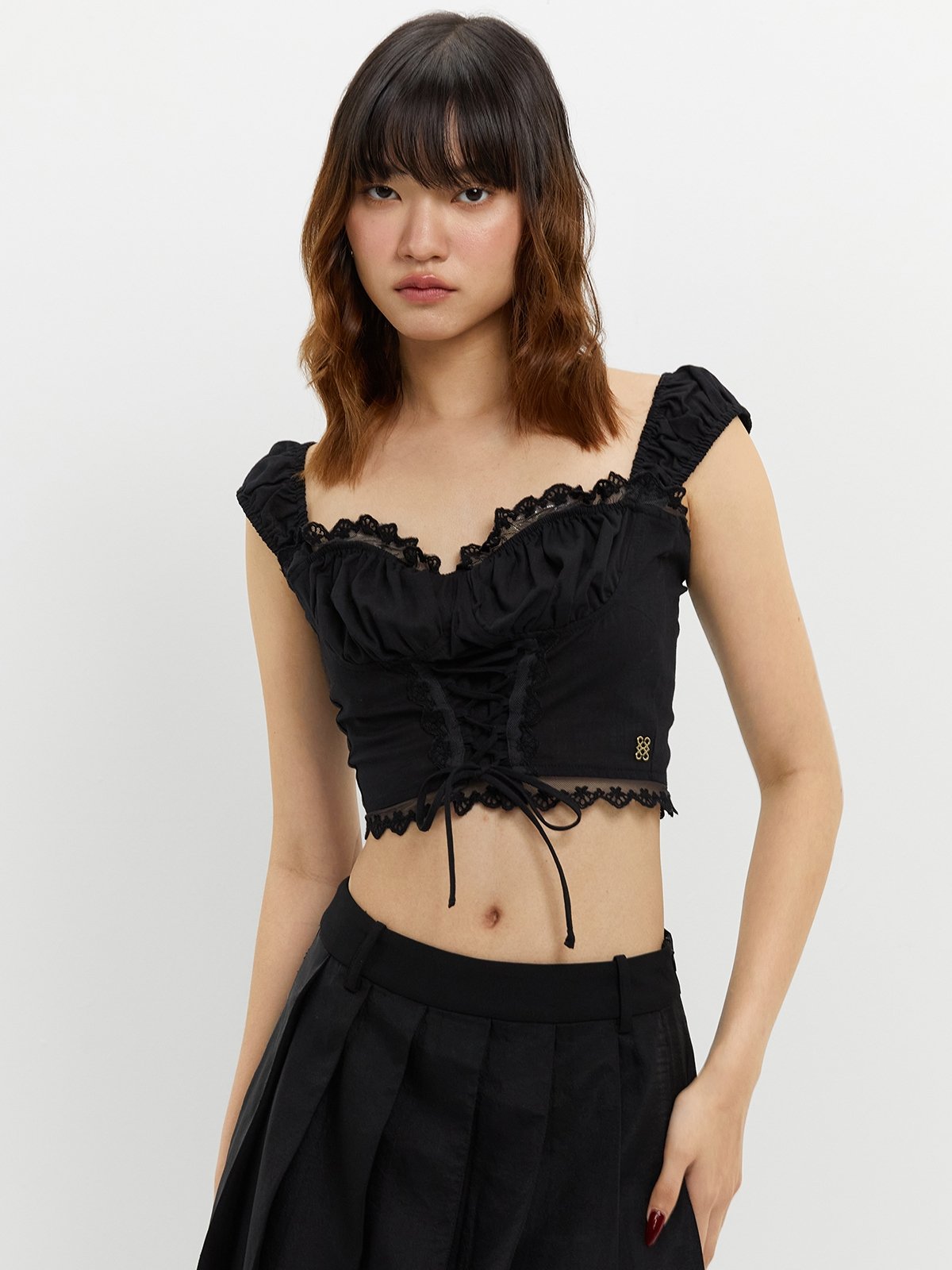 Lace-Up Lace Trim Top - Black - Pomelo Fashion