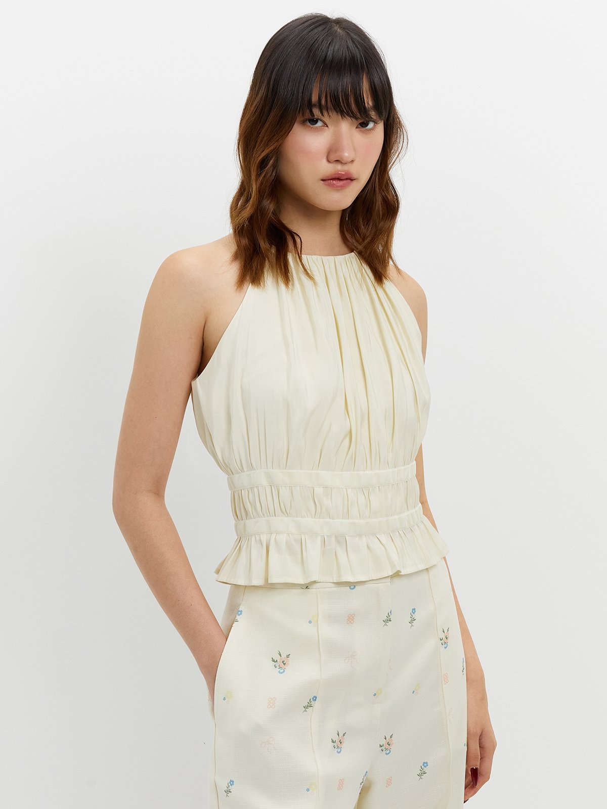 Pleated Halter Top - Ivory - Pomelo Fashion
